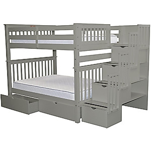 Bedz King Bunk Beds Full over Full with 4 Drawers in the Steps and 2 Under Bed Drawers, Gray