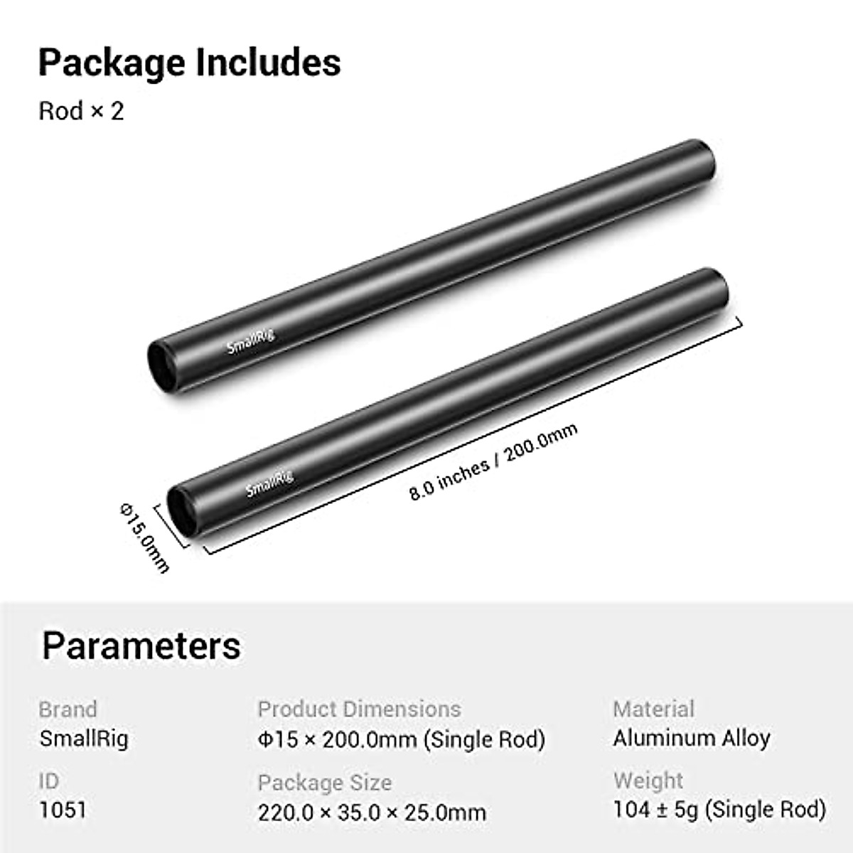 SmallRig 8 Inches (20 cm) Black Aluminum Alloy 15mm Rod with M12 Female Thread, Pack of 2 - 1051