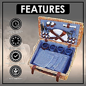 Wicker Picnic Basket Set for 4 Persons Portable Willow Hamper Large Capacity, Lightweight, Durable, and Washable Cotton Cloth Basket with Handle and Lid for Outdoor, Family, Camping (16 x 12 x 7.1in)