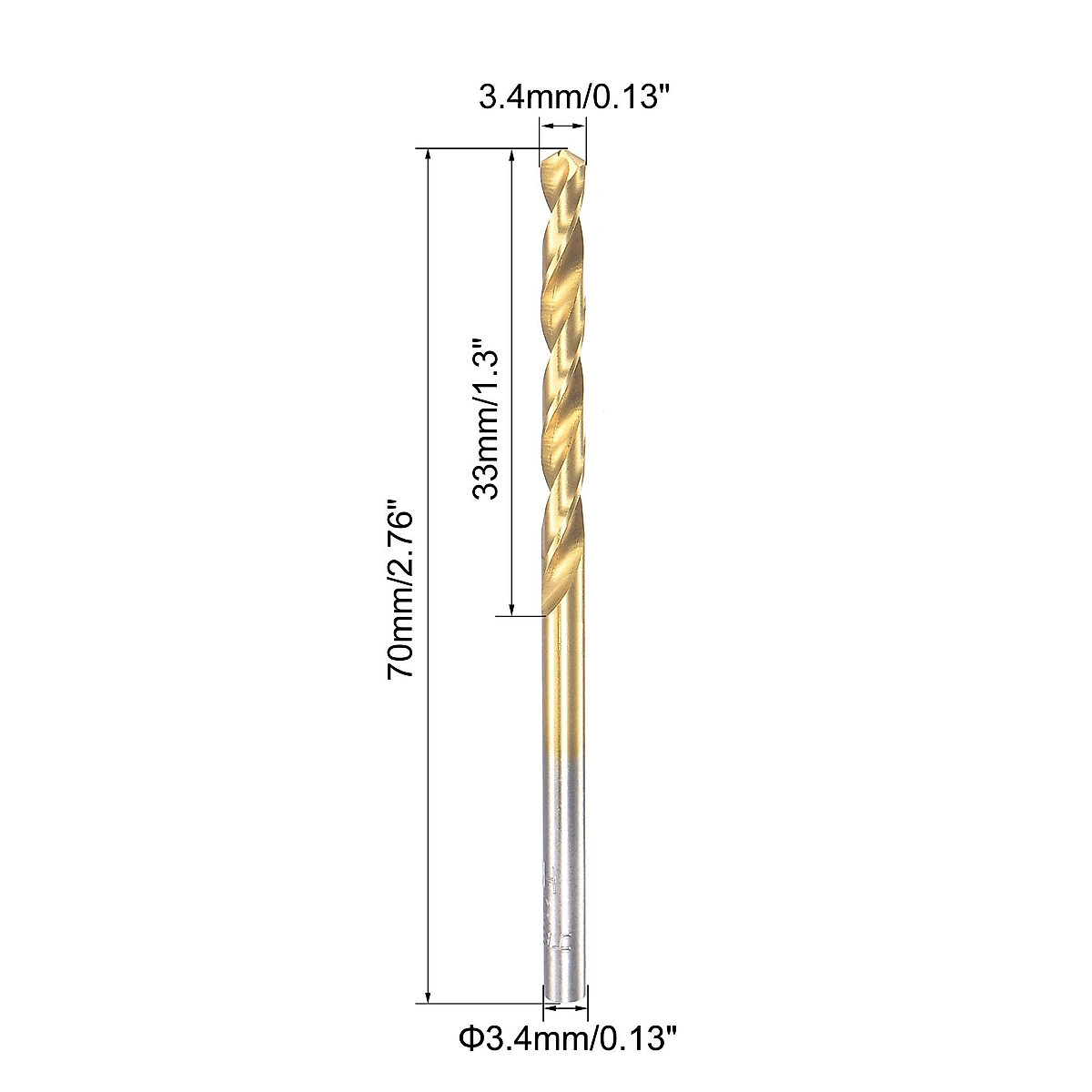 uxcell High Speed Steel Straight Shank Twist Drill Bit Fully Ground Titanium Coated 3.4mm Drill Diameter 70mm Total Length 33mm Drill Bit Length 2 Pcs