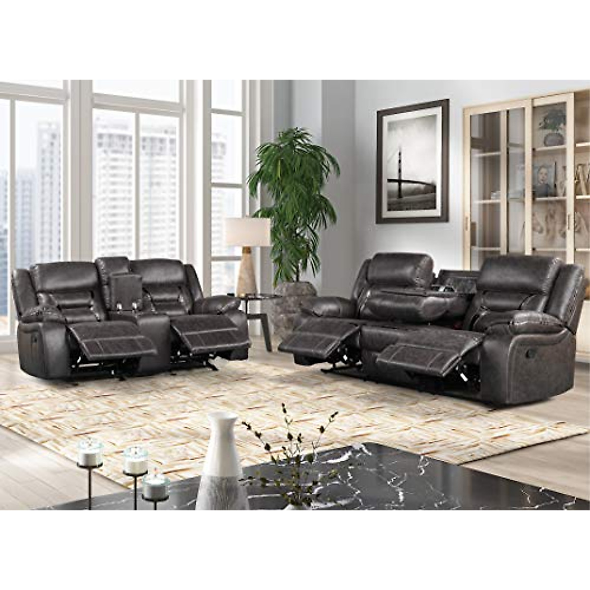 Roundhill Furniture Elkton Manual Motion Reclining Sofa and Loveseat with Storage Console, Dark Chesnut