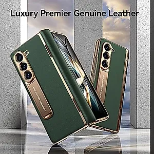 karenDon for Samsung Galaxy Z Fold 5 Phone Case,Luxury Premier Genuine Leather,Full Body Hinge Protection,Built-in Screen Protector,Kickstand Drop Proof Protective Cover for Galaxy Z Fold5 (Green)
