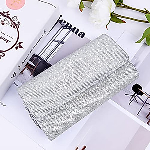 OSDUE Evening Bag Clutch Purses for Women, Glitter Evening Bag, Sparkling Envelope Evening Bag with Detachable Chain, for Prom, Wedding, Party, Banquet, Date (Silver)