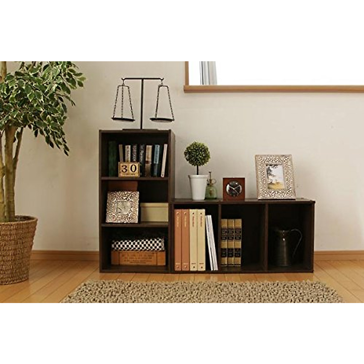 IRIS USA 3-Tier Modular Open Cubby Storage Shelf, Sturdy Storage Bookshelf Cabinet for Living Room Bedroom Guest Room Office Dorm Room Kids Room and Bathroom, Brown Oak