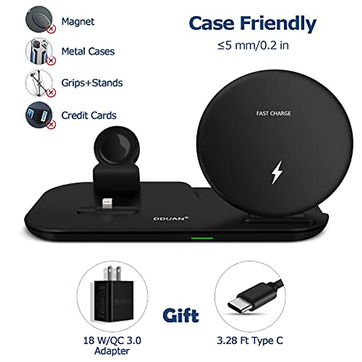 DDUAN Wireless Charger, 3 in 1 Qi Fast Charging Station Dock Compatible for Apple Watch, AirPods Pro/1/2, Charging Stand for iPhone 14/13/12/11/Pro/Max/XR/XS/XS Max/X/8/Samsung(18W Adapter Included)