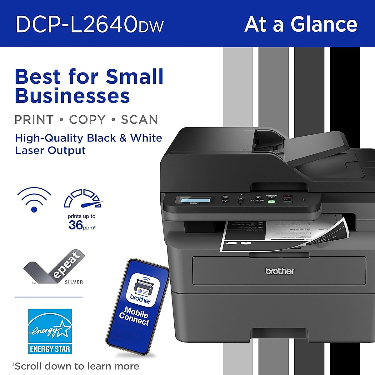 Brother DCP-L25 Series Monochrome All-in-One Laser Printer for Home Office, Print, Scan, Copy, Wireless, 36 ppm, 2400 x 600 dpi, Automatic Duplex Printing, with MTC Printer Cable