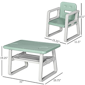 Qaba 3-Piece Kids Table and Chair Set Writing Desk with Armrest, Storage Space for Toddler Activities, Green