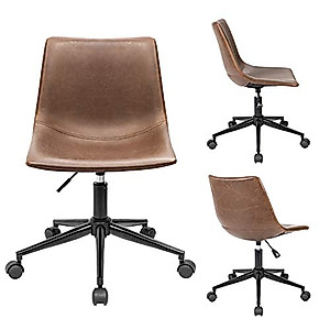 Furmax Mid Back Task Chair PU Leather Adjustable Swivel Office Chair Bucket Seat Armless Computer Chair Modern Low Back Desk Conference Chair (Brown)