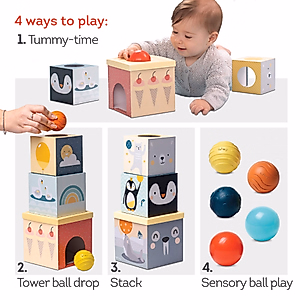 Taf Toys Toddlers Object Permanence Ball Drop Stacker, Made of Strong & Durable Cardboard Box & Plastic Cover Perfect Developmental Toy for Tummy-Time