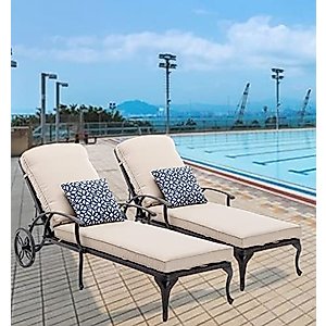 Luccalily Chaise Lounge Patio Chair with Wheels, Adjustable Reclining Rust-Resistant Aluminum Cast Poolside Chaise Lounge Furniture Set of 2, Waterproof Beige Cushion