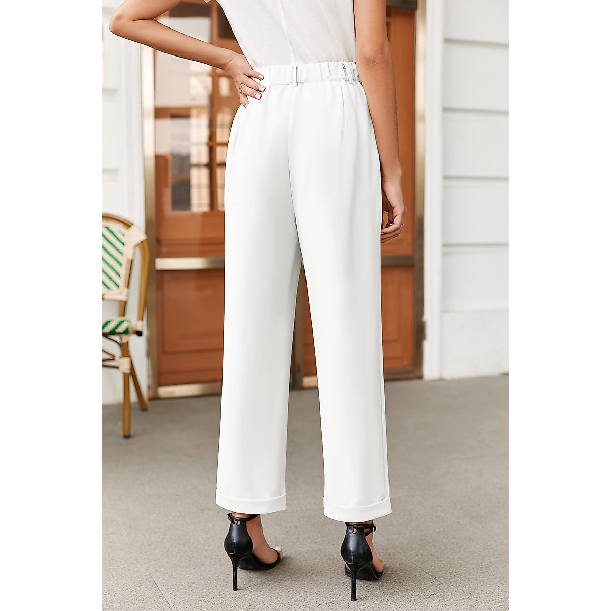 Febriajuce Women's High Elastic Waisted Dress Pants Button Down Pleated Work Pants Straight Leg Ankle Pants Office Trousers White