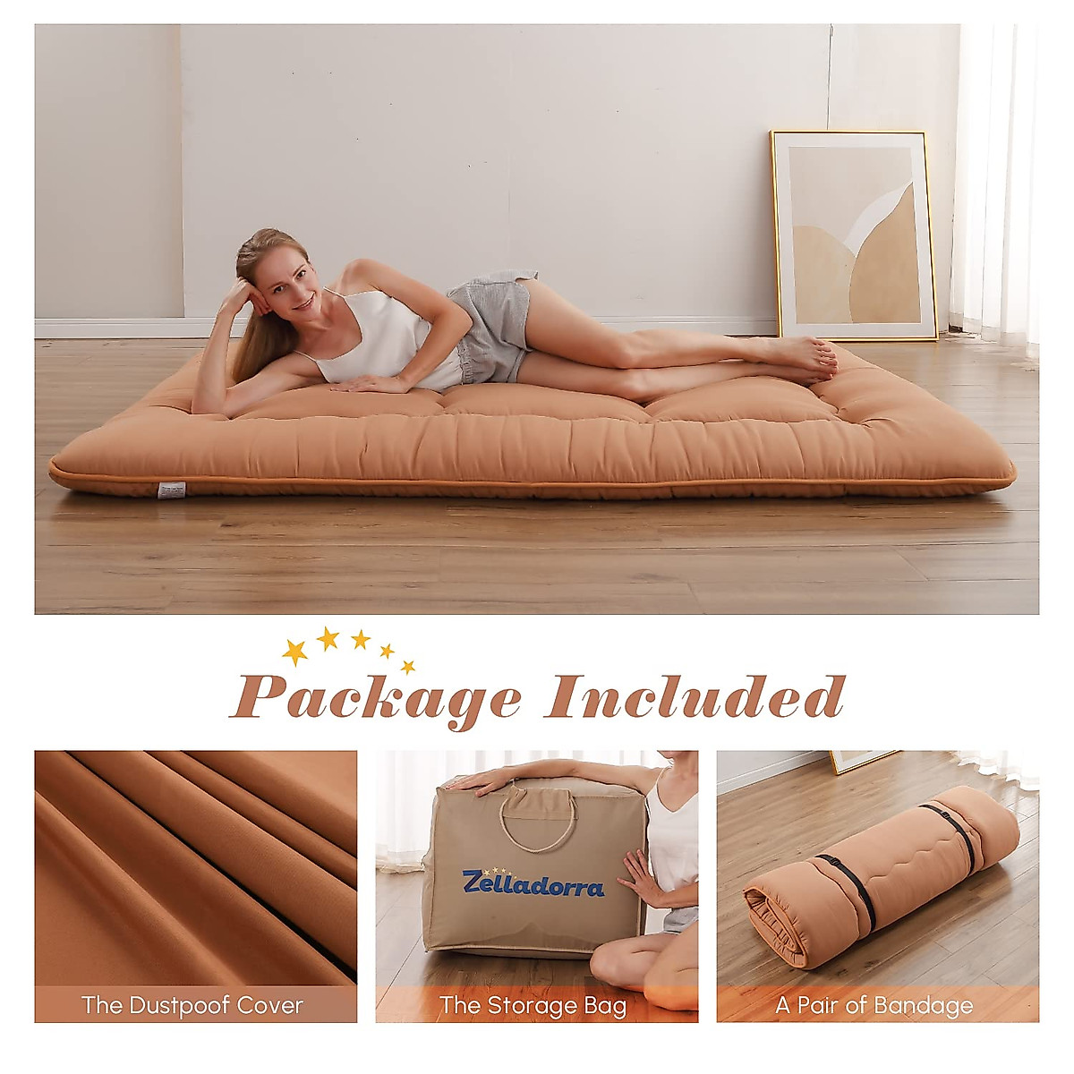 Zelladorra Japanese Floor Mattress, Futon Mattress with Portable Storage Bag and Washable Cover, Roll Up Mattress Thick Tatami Mattress Suitable for Camping, Guest Room, Light Coffee, Twin