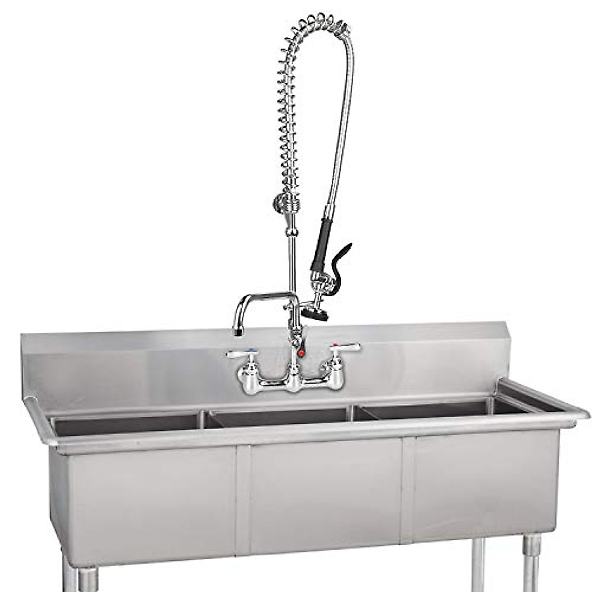 COOLWEST Commercial Sink Faucet 8 Inch Center Wall Mount Kitchen Faucet with Pull Down Pre-Rinse Sprayer and 12” Add-on Swivel Spout, 36” Height Perfect for 3 Bay Compartment Sink