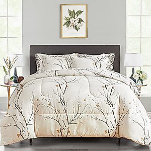 UOZZI BEDDING Cream White Bed in a Bag Twin 6 pc Branch Style All Season Soft Microfiber Reversible Bed Comforter Set (1 Comforter 2 Pillow Shams 1 Flat Sheet 1 Fitted Sheet 1 Pillowcases)