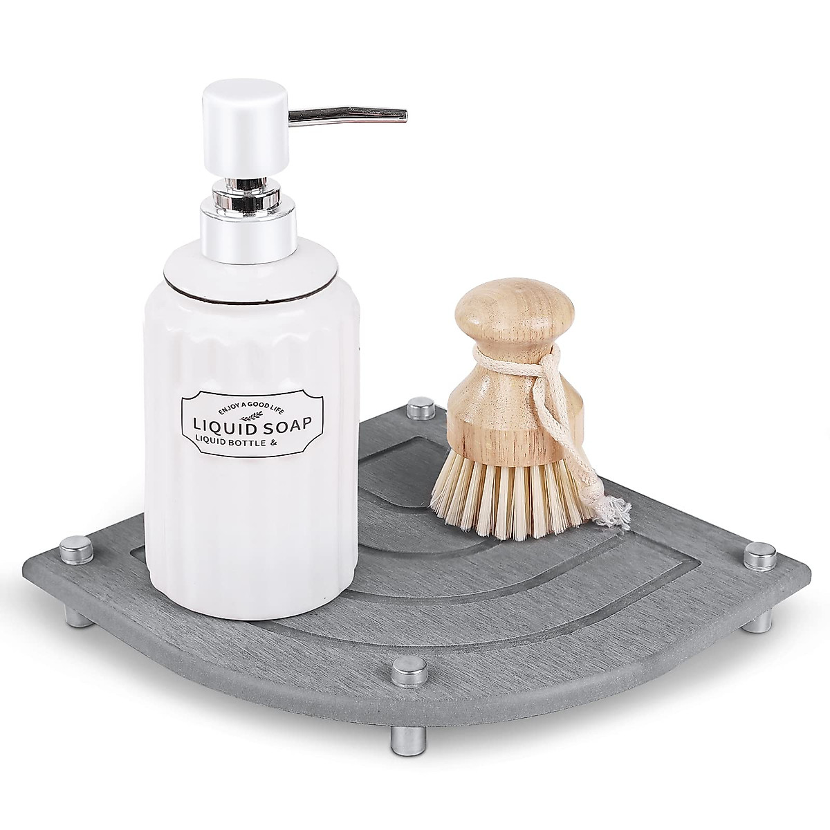 SUEH DESIGN Corner Sink Caddy, Instant Dry Sink Tray Kitchen Sink Organizer, Diatomaceous Earth Sponge Dispenser Holder Fast Drying Stone Rack for Kitchen Bathroom Counter Decor, Gray