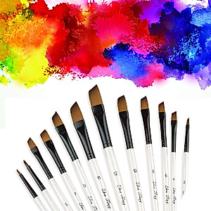 Angular Paint Brushes Nylon Hair Angled Watercolor Pait Brush Set for Acrylics Watercolors Gouache Inks Oil and Tempera(12pcs Pearl White Angled Paintbrush Set)