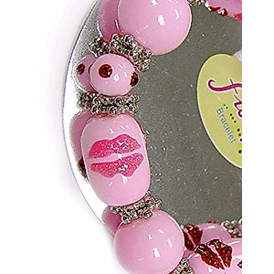 Glass Beaded Bracelet for Women, Pink Lips Kiss Hearts Beads Jewelry, Valentine Mother's Day Gift for Her, 1 pc