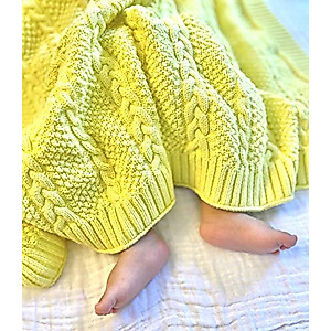 Cute New York Premium 100% Cotton Cable Knit Toddler Blankets Receiving Blanket, Baby Nursery & Stroller Blanket for Boys and Girls 30"x40" (Yellow)