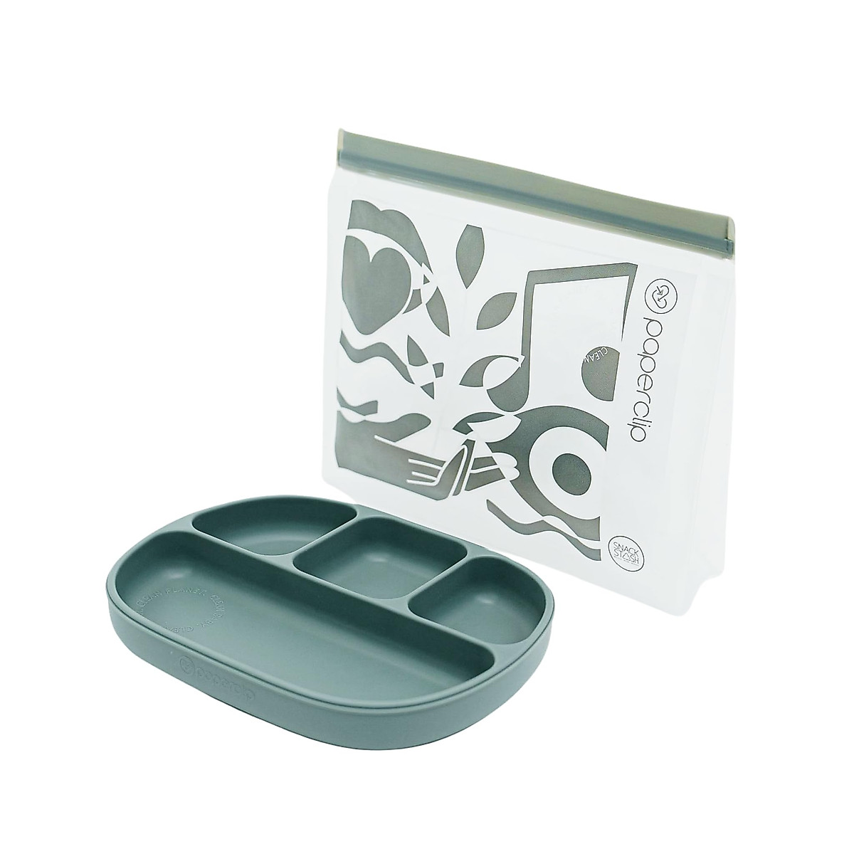 PAPERCLIP Silicone Sectioned Plates in Cactus Green with Resusable Snack Bag