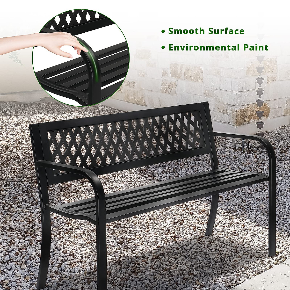 VINGLI Outdoor Bench Porch Bench Patio Metal Garden Bench w/PVC Back, Steel Black Outdoor Bench Park Bench for Yard Lawn Decor Deck Entryway