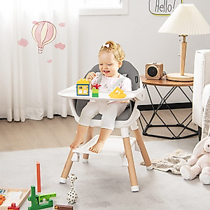 BABY JOY Baby High Chair, 6 in 1 Convertible Wooden High Chair for Babies & Toddlers with Adjustable Legs, Double Removable Tray, Safety Harness & Waterproof PU Cushion (White)