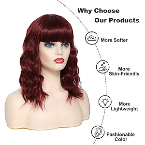 Red Burgundy Short Wavy Wigs with Bangs for Women, Wine Red Curly Shoulder Length, Bob Wigs for Women, Heat Resistant Fiber Natural Wigs for Daily Using