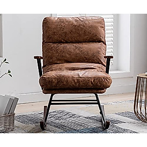 VESCASA Faux Leather Rocking Chair with Adjustable Cushioned Back, Overstuffed Nursery Rocker with Wood Arms, 22" W Lounge Glider Chair for Living Room/Bedroom/Reading, Brown