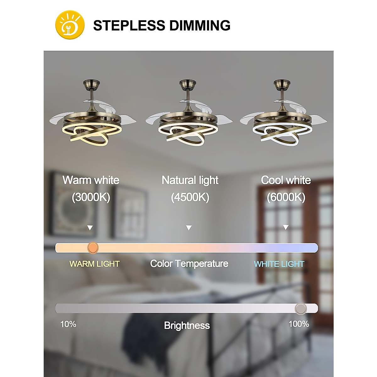 Dawn Whisper 42 Inch Retractable Ceiling Fan, Modern Ceiling Fans with Lights and Remote, Silent DC Motor, 6 Speed,Color Changing, Bronze Retractable Ceiling Fan with Lights for Kitchen