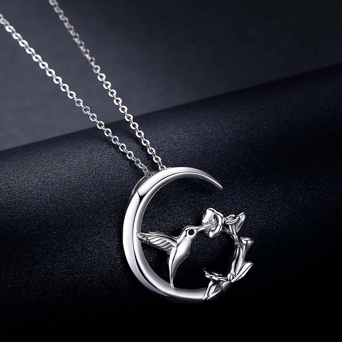 Hummingbird Necklace S925 Sterling Silver Jewelry Hummingbirds Gift for Women(Moon)
