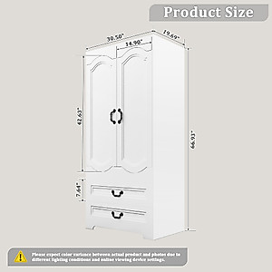 Janmer Home Armoire Wardrobe Closet with 2 Drawers, Tall Wooden Wardrobe Closet with 2 Doors and Hanging Rail, Free Standing White Armoire for Bedroom (Retro, White)