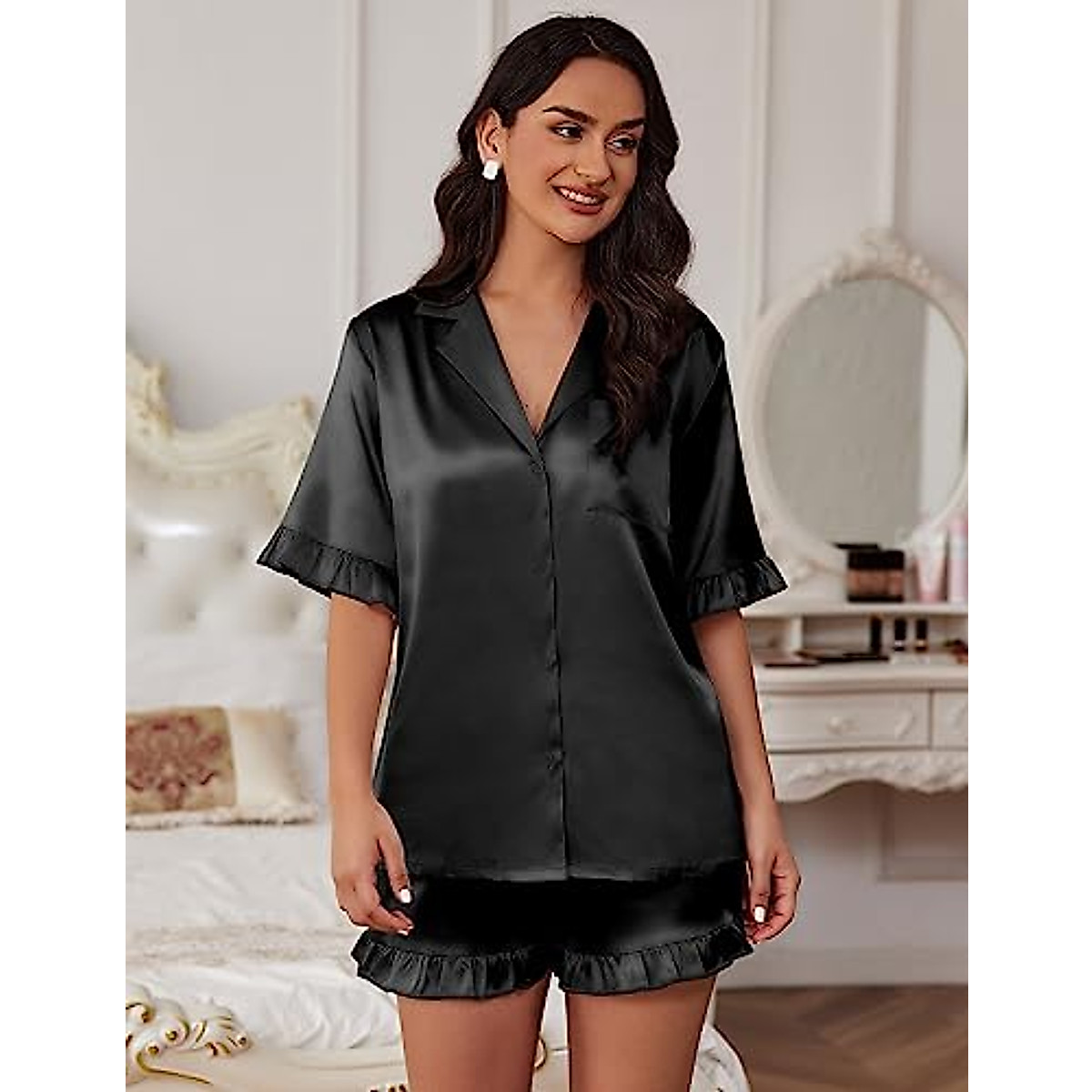 Ekouaer Satin Pj Set Womens Short Sleeve Pajamas Silk Button Down Sleepwear 2 Piece Lounge Set Black,S