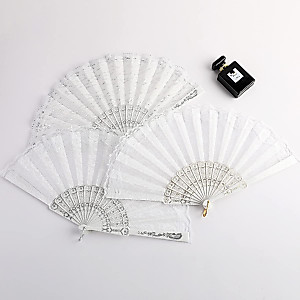 sehtorry White Lace Hand Folding Fan Bridal Dancing Props Floral Handheld Fan for Women Wedding Décor or Party Dess-up Favors