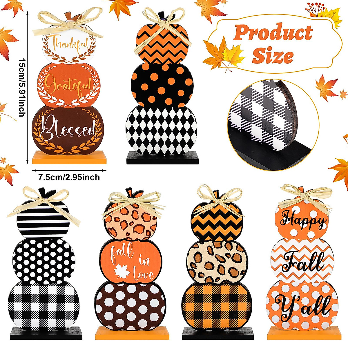 Barydat 6 Pcs Thanksgiving Table Decor Sign Stacked Pumpkins Wooden Pumpkins Stacked Thanksgiving Tiered Tray Decor Fall Decorations for Home Farmhouse Harvest Mantel Party