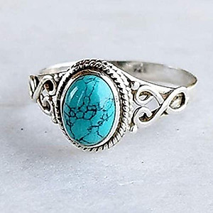 Gixaxak Turquoise Moonstone Ring Women's 925 Sterling Silver Ring Oval Cut Natural Bohemia Turquoise Jewelry Birthday Proposal Hollow Engagement Party Band Rings 6