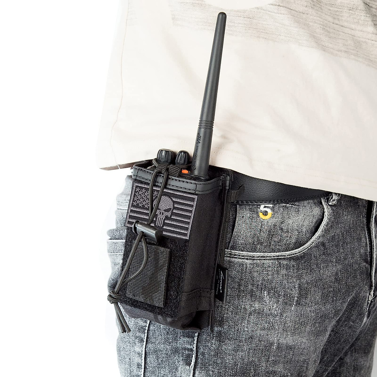 Radio Holder Radio Pouch Molle Radio Holster Tactical Radio Holder Radio Case Duty Belt Accessories Military Heavy Duty Radio Bag for Walkie Talkies Adjustable Storage with Patch（Punisher Skull Flag）