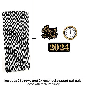 Big Dot of Happiness New Year's Eve - Gold - Paper Straw Decor - 2024 New Years Eve Party Striped Decorative Straws - Set of 24