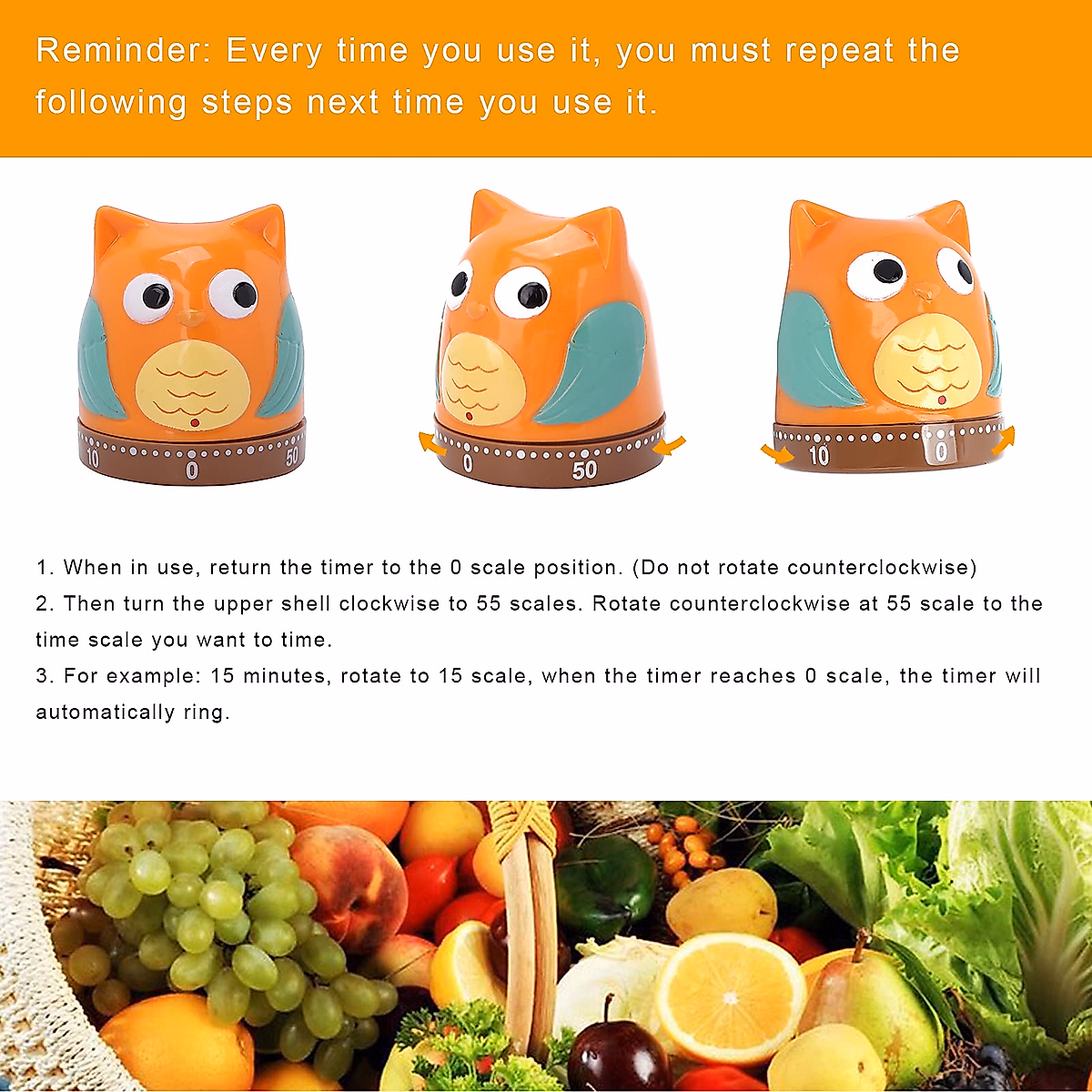 Owl Rotating Timer Cartoon Cute 60 Minutes Wind Up Timer Mechanical Rotating Count Down Timer For Homes, Beauty Salons, Kitchens, Schools, Gyms, Care,