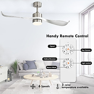 WINGBO 52" DC Ceiling Fan with Lights and Remote, Brushed Nickel and Silver Ceiling Fan, 2 Curved ABS Plastic Blades, 6-Speed DC Motor, Modern Ceiling Fan for Kitchen Bedroom Living Room, ETL Listed