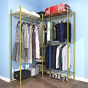 Xiofio 6 Tiers Heavy Duty Clothes Rack, Metal Clothing Rack,Clothing Storage Organizer,Garment Rack with Basket,Hanging Adjustable Garment Rack,65.0" L x 15.7" W x 76.0" H,Max Load 800LBS,Gold