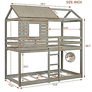 Mesnt Twin Bunk Bed Frame | Twin Over Twin Bunk Bed Wood Loft Bed with Roof, Window, Guardrail, Ladder Antique Gray