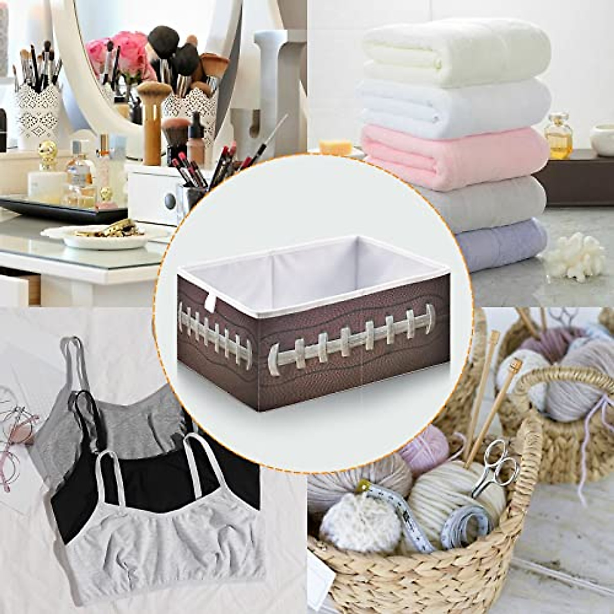 Ollabaky American Football Laces Cube Storage Bin, Foldable Fabric Storage Cube Basket Cloth Organizer Box with Handle for Closet Shelves Drawers, Nursery Storage Toy Bin - S