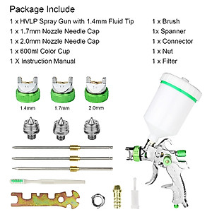 HVLP Spray Gun 1.4mm Tip with Replaceable 1.7mm 2.0mm Nozzle Hvlp Gravity Feed Paint Sprayer Gun with 600cc Color Cup and Wrench Air Spray Gun for Car Prime,Furniture Surface Painting,Base Coating