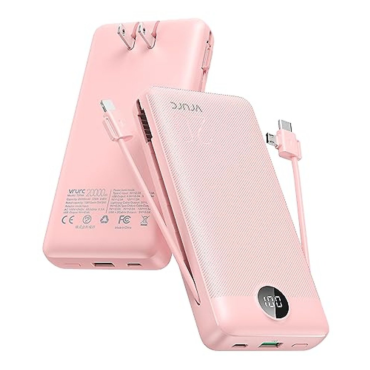 VRURC Portable Charger 20000mAh, Fast Charging Power Bank USB C,4 Output 2 Input Charging Bank Equipped with LED Display,Built-in Wall Plug and Cables,Cell Phone Replacement Battery for Smart Devices