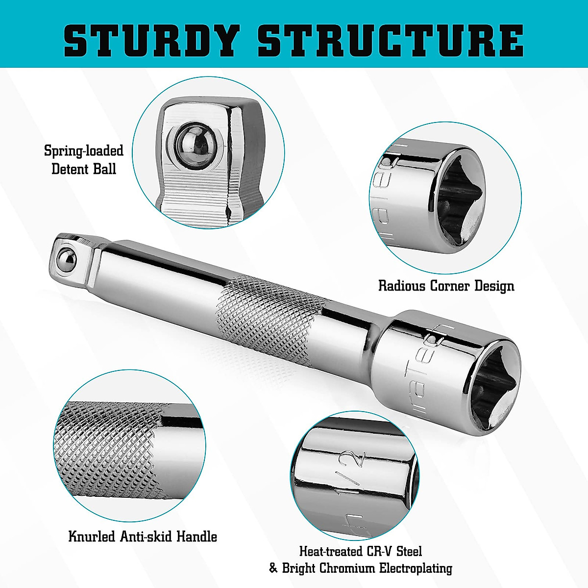 DURATECH Wobble Socket Extension Bar Set, 1/4", 3/8", 1/2" Drive Socket Extension Set, Cr-V Steel, Chrome Plated, Storage Tray Included, 9 PCS