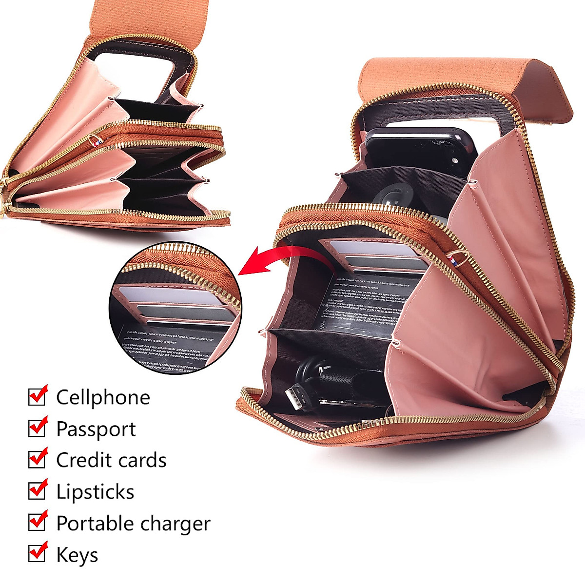 GEARONIC Women's Sling Handbag, Faux Leather, Coffee-Phone Wallet, Crossbody Bag with Transparent Window, 7 x 4.5 x 1.6 in