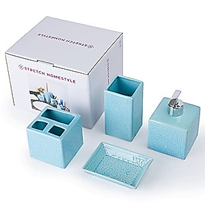 Blue Teal Bathroom Accessory Set,4 Pcs Bathroom Soap Dispenser Set Hand Pump Soap Dispenser, Vanity Countertop Accessory Set-Bathroom Soap Dispenser Set,Toothbrush Holder Set, with Soap Dish,Tumbler.