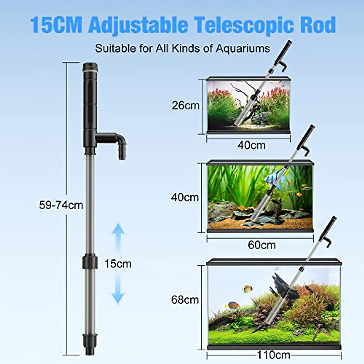 bedee Manual Aquarium Gravel Cleaner, Fish Tank Vacuum Gravel Cleaner, 3 in 1 Aquarium Siphon Vacuum Cleaner Kit for Water Change，Sand Cleaning，Remove Dirt with Adjustable Telescopic Rod