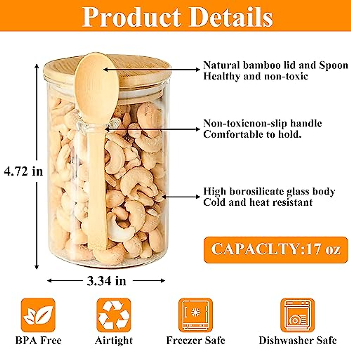 Glass Jars with Bamboo Airtight Lids - 17oz Glass Food Storage Containers, 3Pack Borosilicate Glass Canisters Coffee Jar with Spoon for Tea, Sugar, Spice, Bath Salts, Overnight Oats