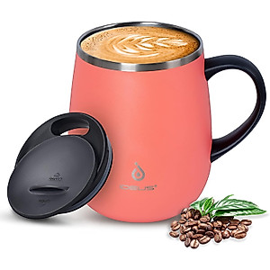 Ideus 16 oz Insulated Coffee Mug with Handle and Lid, Double Wall Stainless Steel Vacuum Insulated Tumbler Cup, Travel Coffee Cup Thermal Cup for Home and Office, Coral