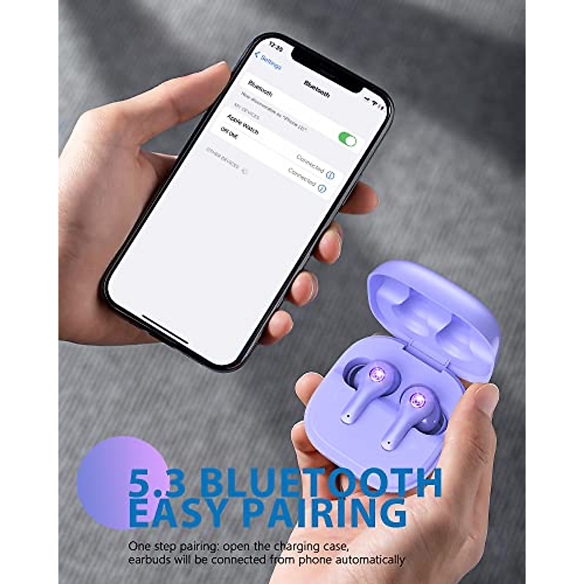 ORIbox Wireless Earbuds, Ear Buds Bluetooth 5.3 with Microphone, Deep Bass, IPX7 Waterproof Loud Voice Sport Earphones with Charging Case for Outdoor Running Gym Workout (Purple)